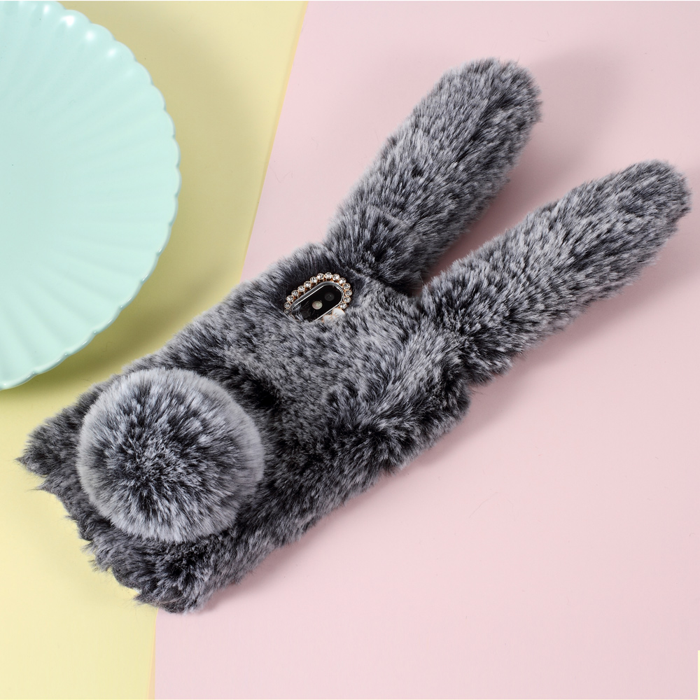 Rabbit Shape Fluffy Fur Coated Rhinestone TPU Gel Case For iPhone XS/X ...