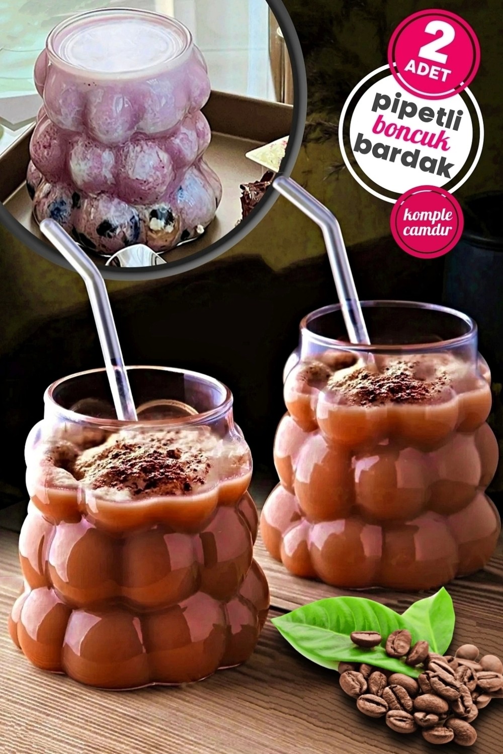 Tilbe Home 2-pack Beaded Glass Cup with Straw, Grape Shape 350 Ml. Soft ...