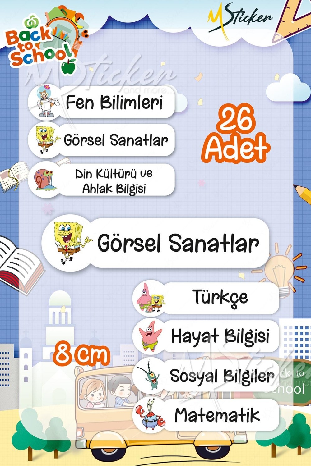Msticker School Lesson Labels Spongebob Themed 26 Pieces 8 cm School ...