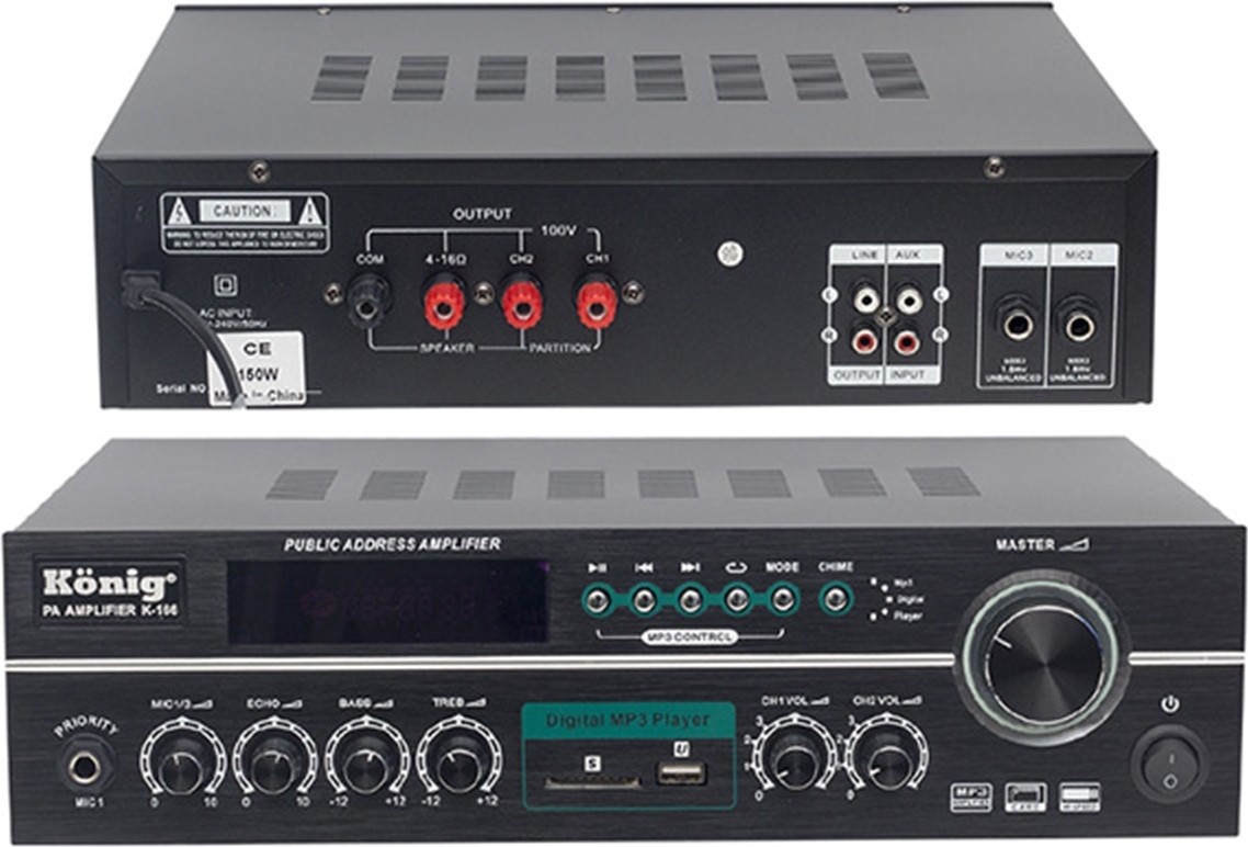 König K-166 150 Watt 100V/70V/4-8 Ohm Usb/sd Uk-Two Split-3 Mic. Input ...