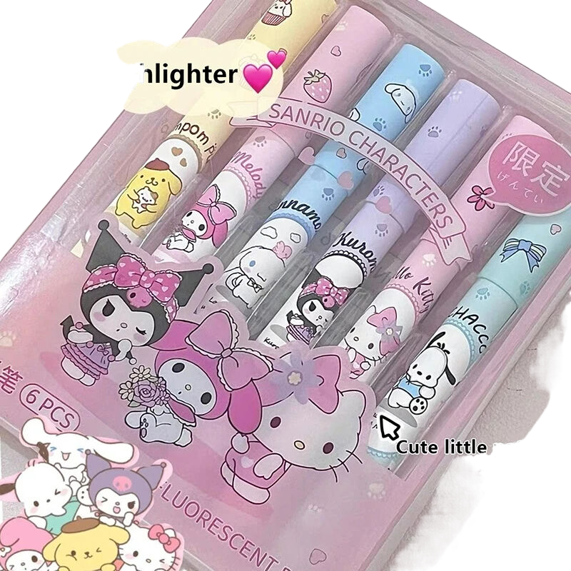 6pcs/box Sanrio Hello Kitty Highlighter Set Kawaii Kuromi Melody ...