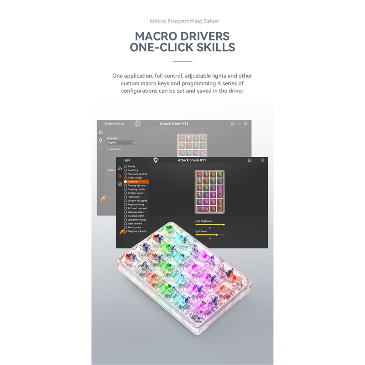 Attack Shark K21 Şeffaf Üç Modlu Mekanik Sayısal Klavye, A ...