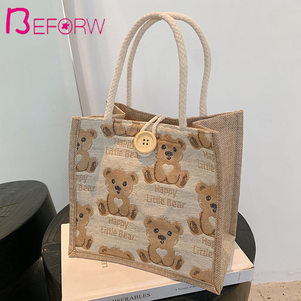 BEFORW Bear Linen Tote Bag girl Go Out To Carry Bag New Canvas Bag ...