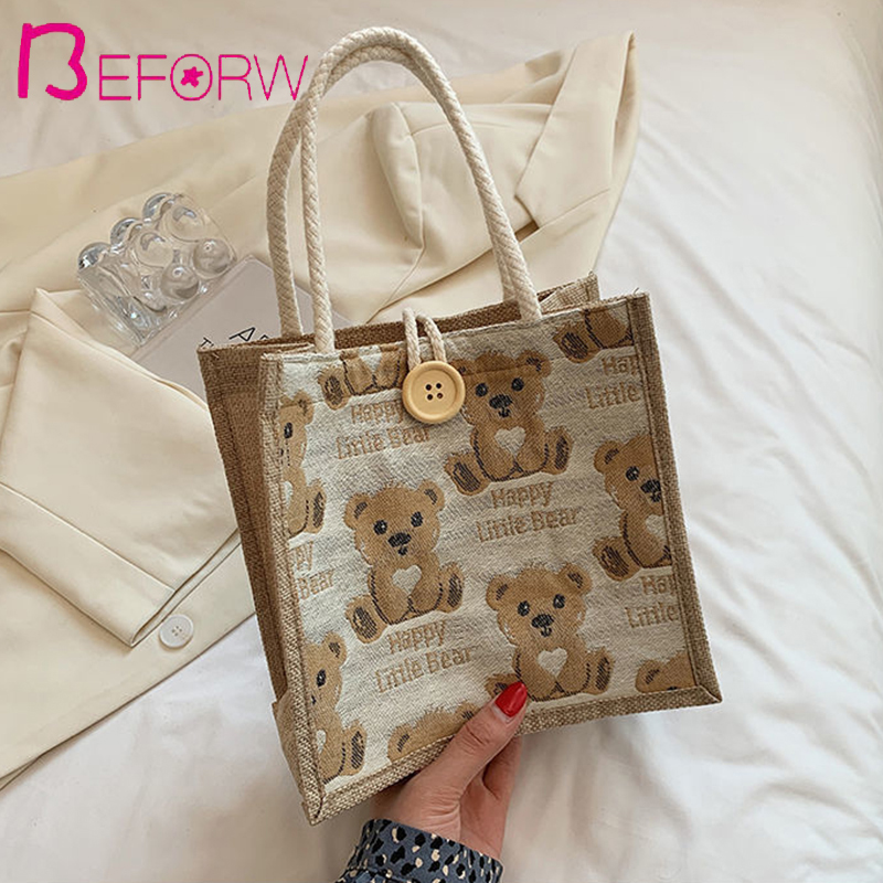 BEFORW Bear Linen Tote Bag girl Go Out To Carry Bag New Canvas Bag ...