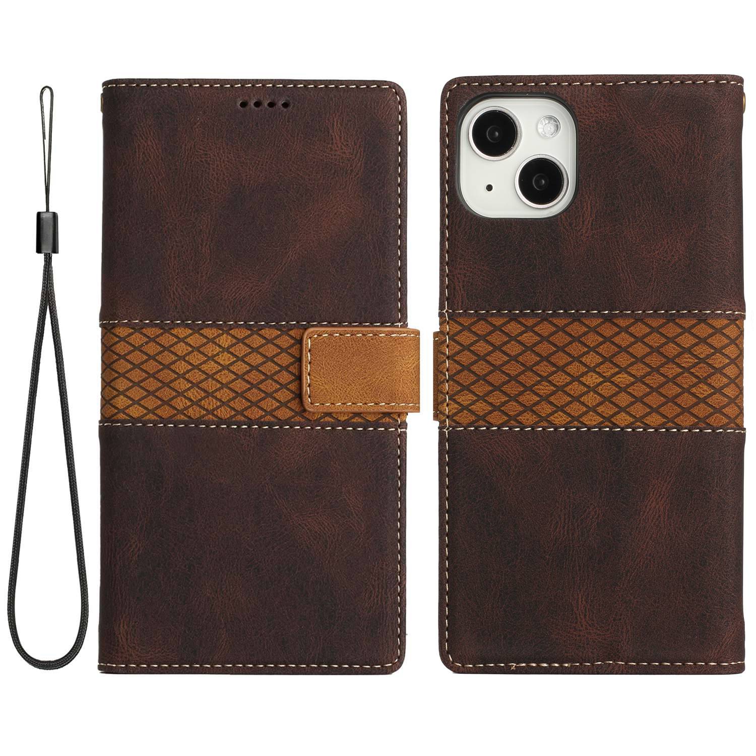Grid Splicing Phone Leather Case for iPhone 15 Plus, Wallet Stand Phone ...