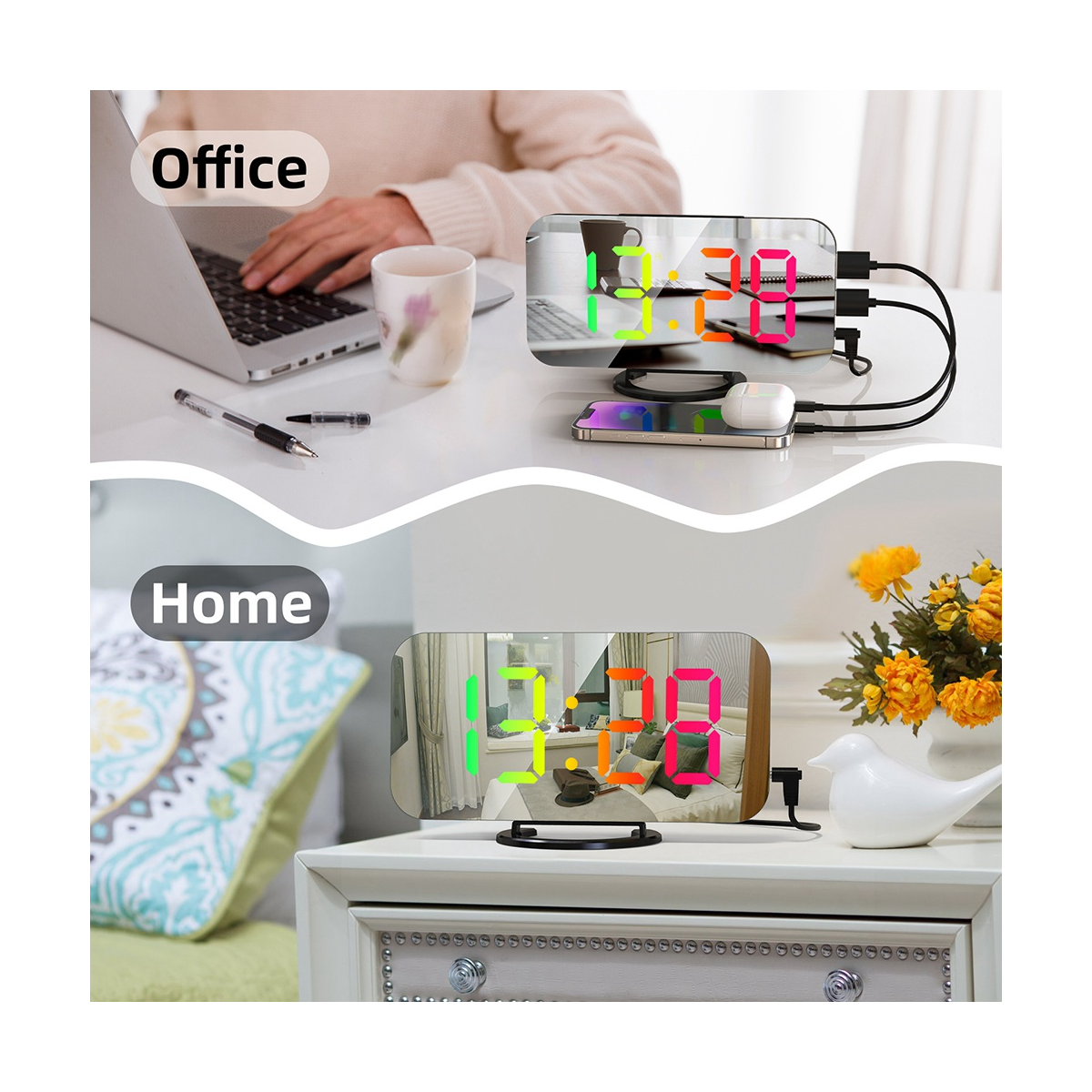 Digital Alarm Clock RGB Colorful Screen Display Smart Mirror Alarm ...