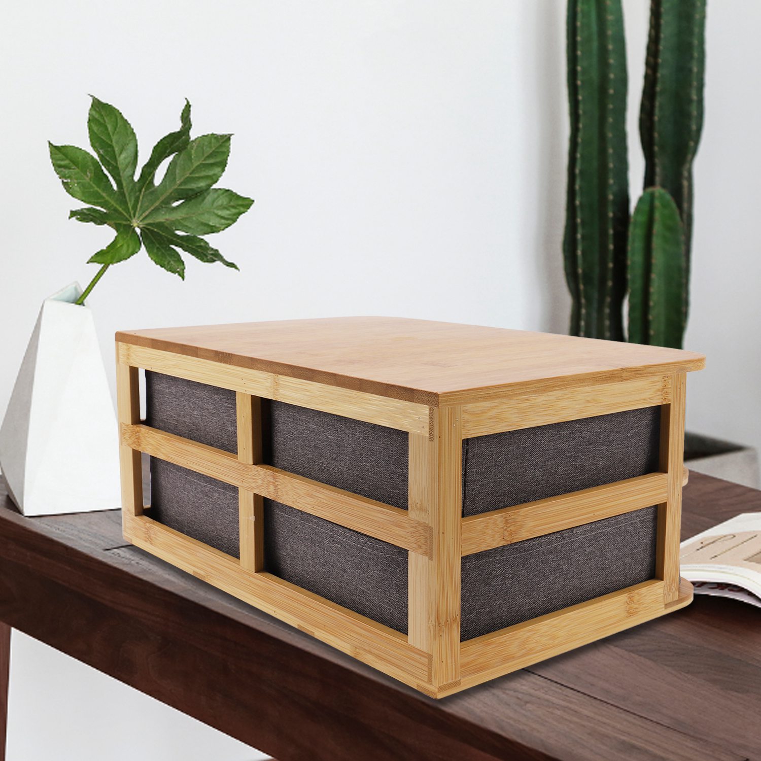 Multi Layer Drawer Type Bamboo Wood Desktop Storage Box Office