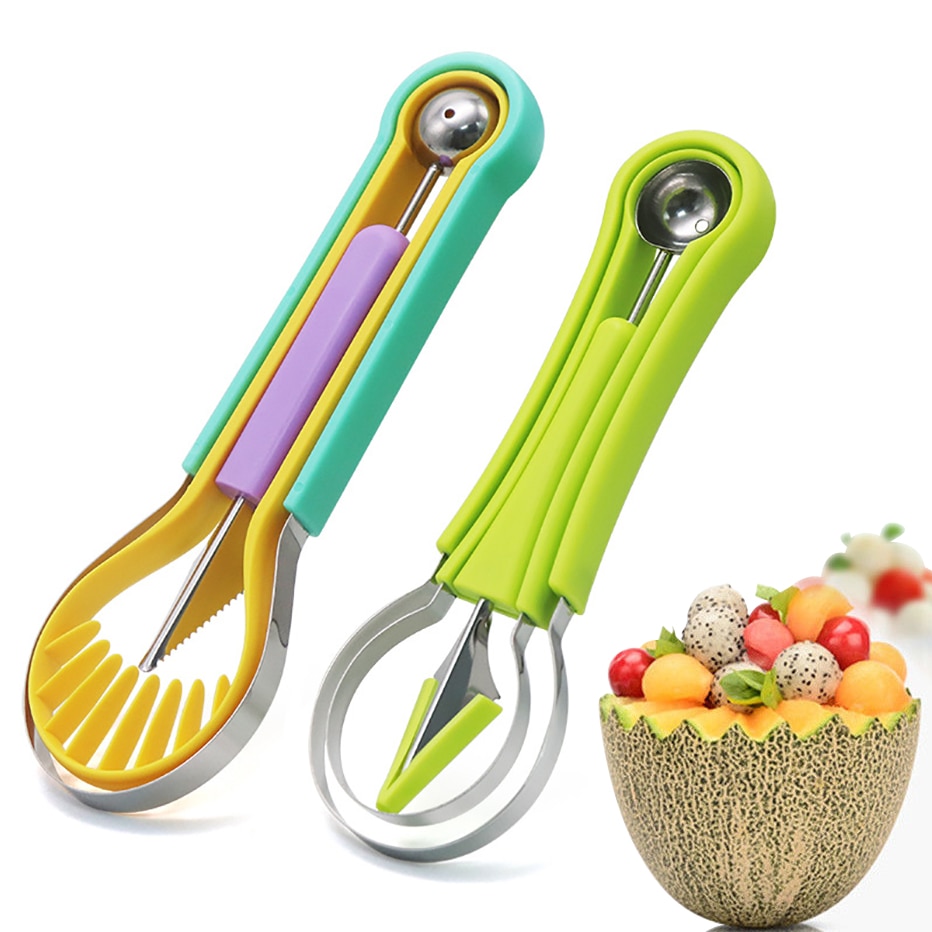 green 4-in-1 Fruit Carving Set Steel Melon Ball Scoop Seed Remover ...