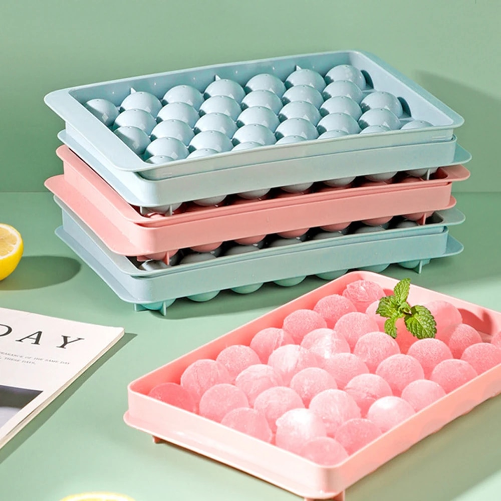 Pink L 33 Well Ice Box With Lid Ball Ice Tray Plastic Ice Cube Mold ...