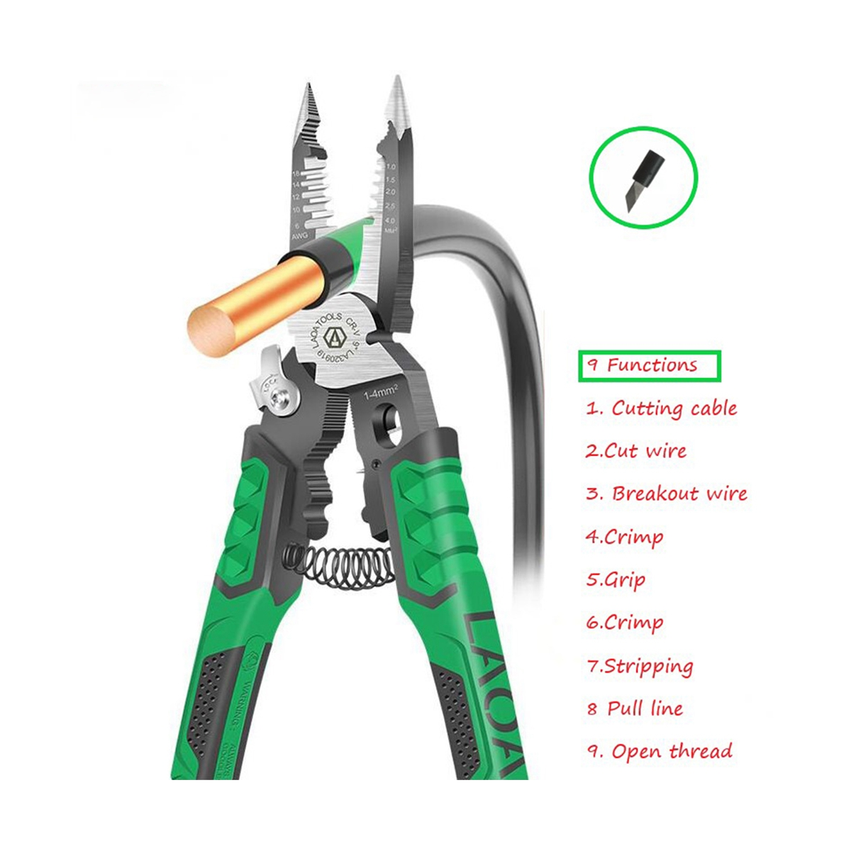LAOA LA320919 9-In-1 Electrician Wire Stripper Cable Cutter Terminal ...