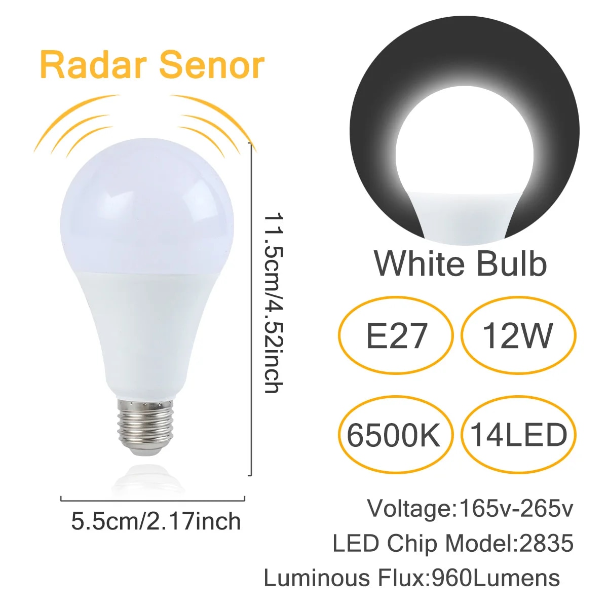 Radar Sensor LED Bulb Smart Light Motion Sensor Energy Saving Auto Off ...