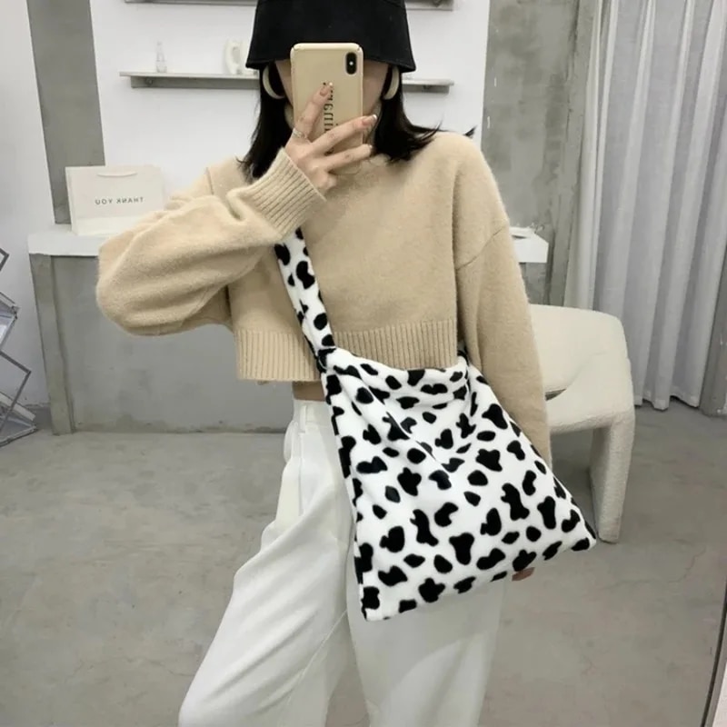 Winter Furry Women Large Handbags Fashion Cow Pattern Ladies Shoulder ...