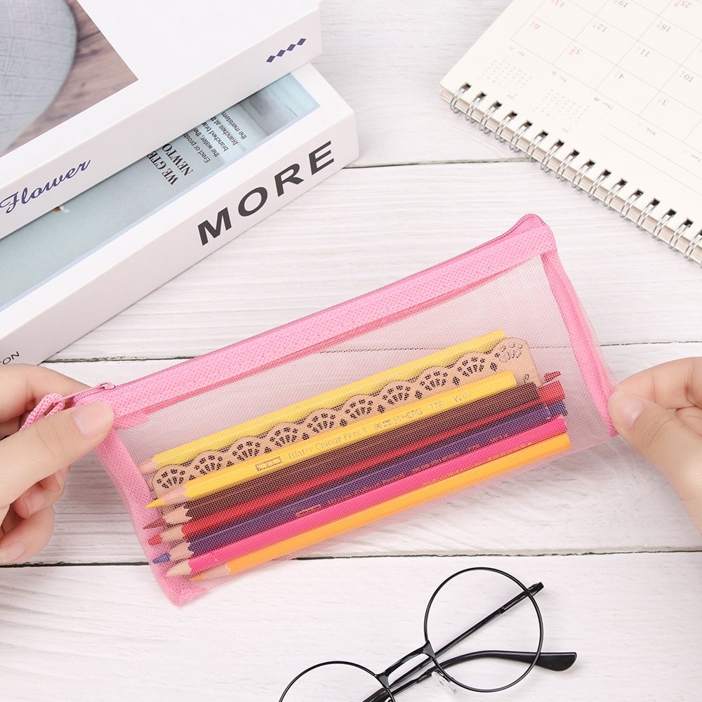 1Pc Fashion Transparent Grid Zipper Pencil Case Mesh Pen Bag Cosmetic ...