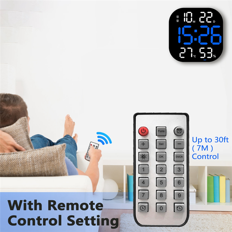 Large LED Digital Wall Remote Conol Temperature Alarms Clock White ...